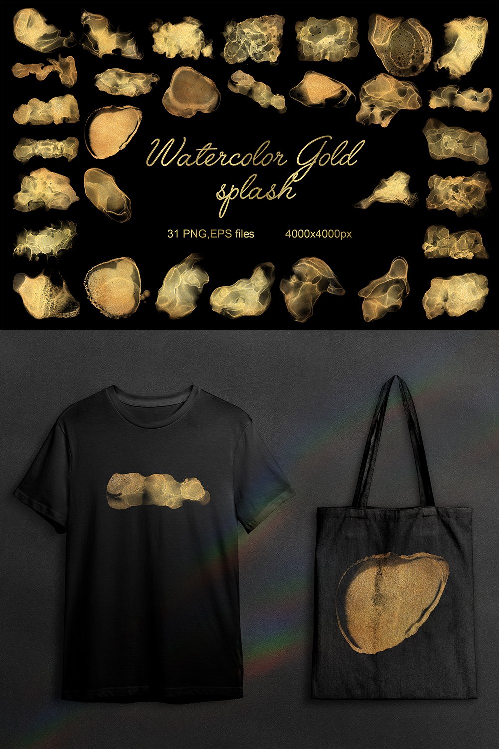 Gold sublimation,PNG,EPS clipart.Watercolor metallic splash