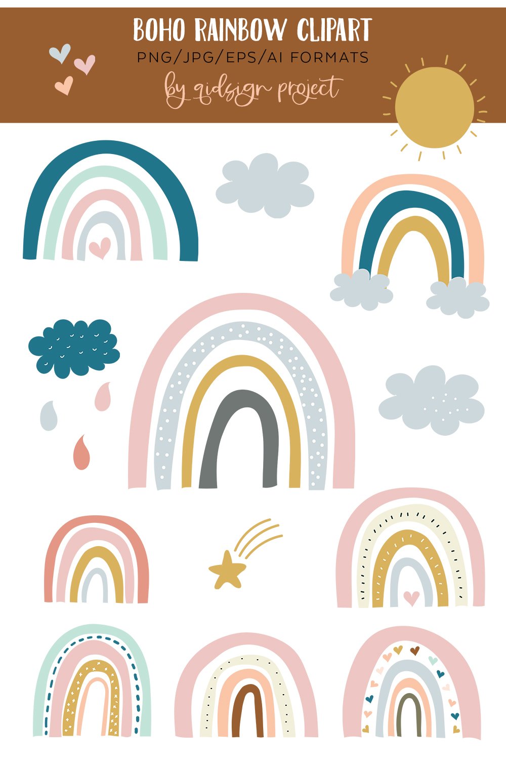 Cute Boho Rainbow Clipart, Sun, Cloud, Star (1031509)