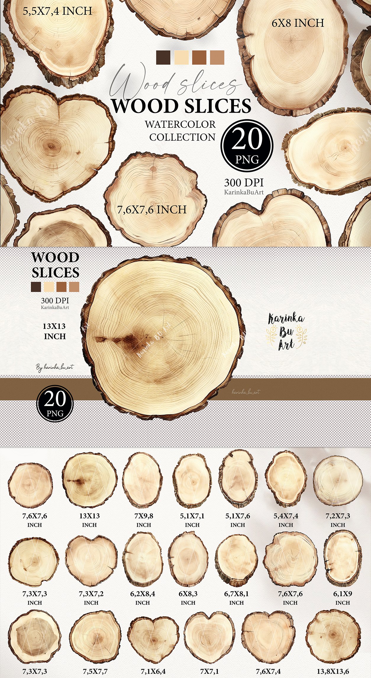 6 Wooden slices Watercolor clipart design elements PNG