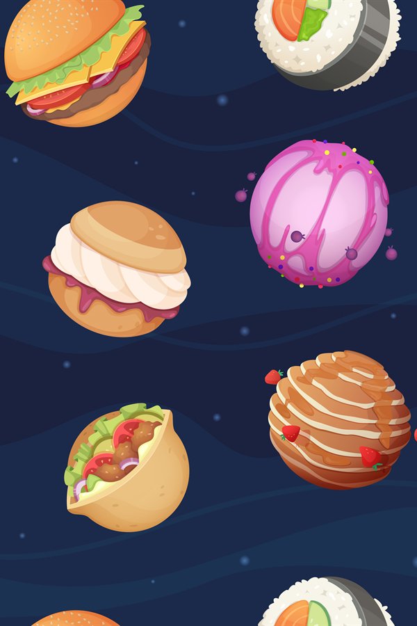 Food planets pattern. Fantastic space world with sweets fast