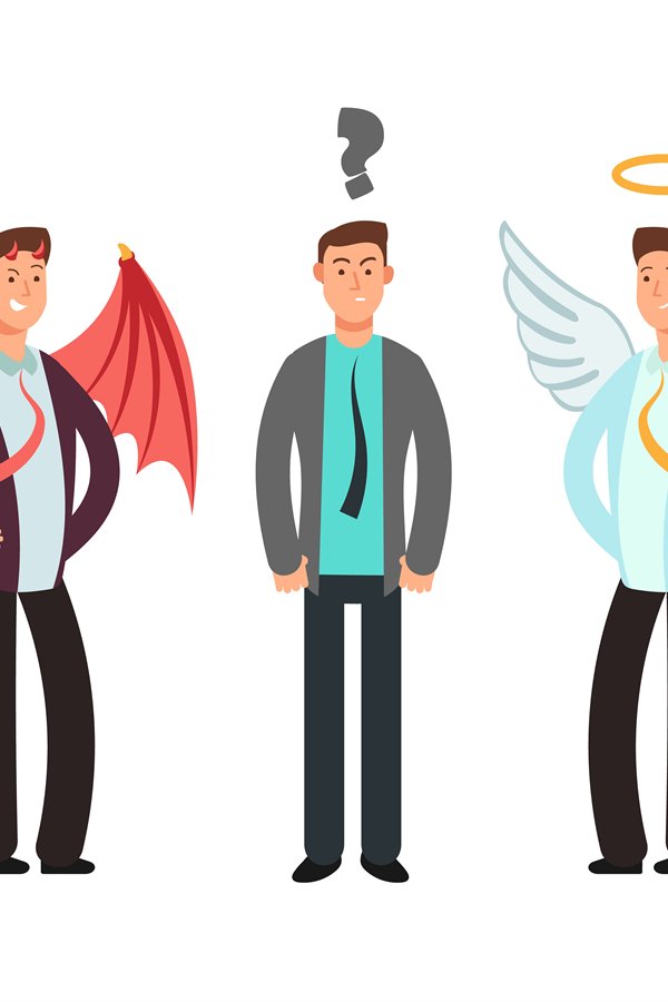 Confused businessman with angel and devil over shoulders. Ch