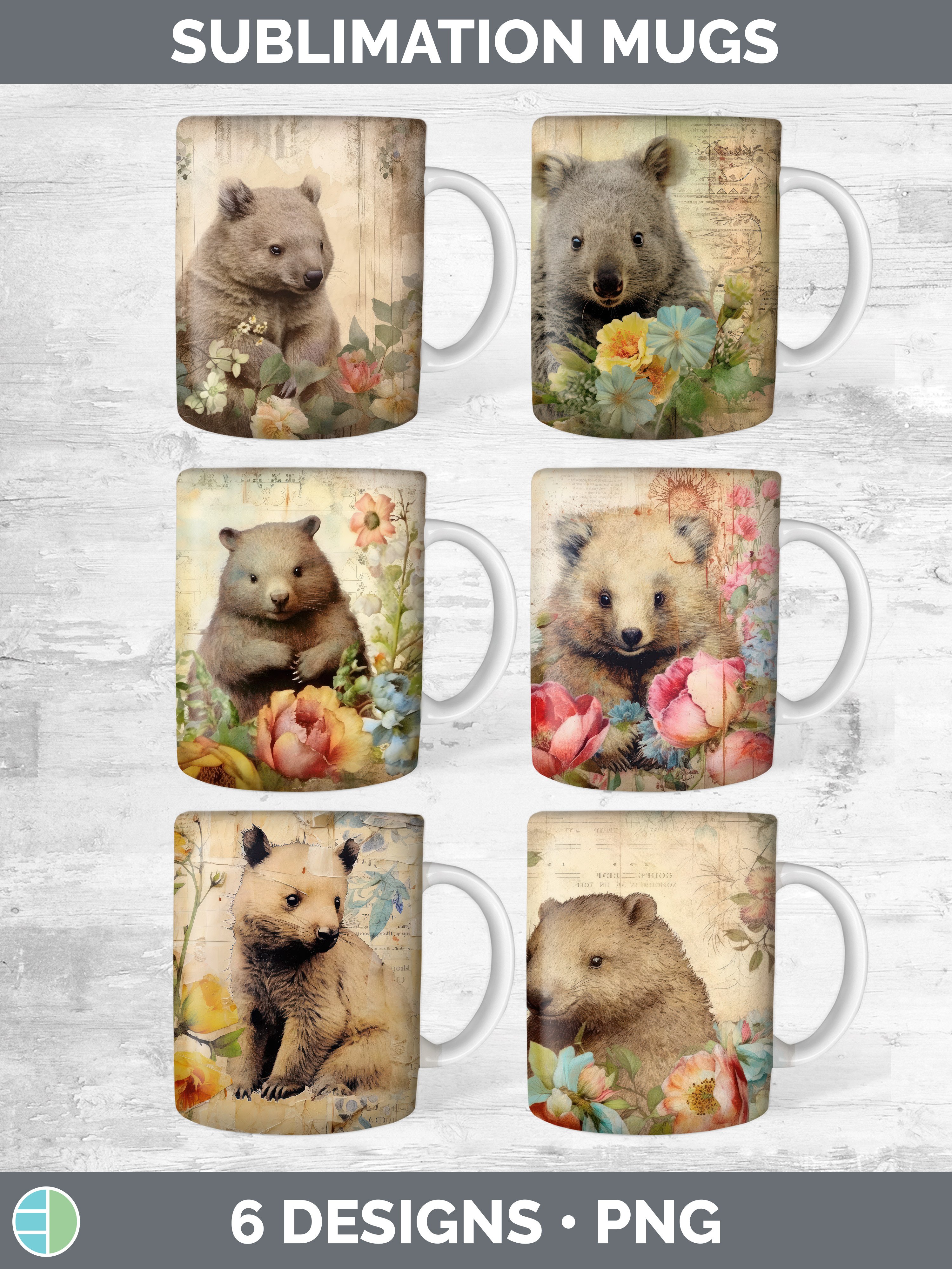 Vintage Wombat Mug Wrap | Sublimation Coffee Cup Designs Bun