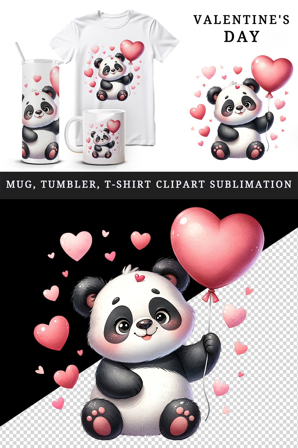 Valentine's Day panda tumbler mug wrap clipart sublimation