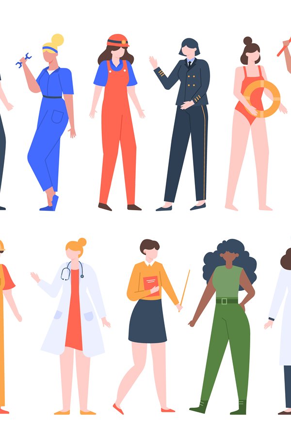 Women job professions. Female workers, lady professional uni