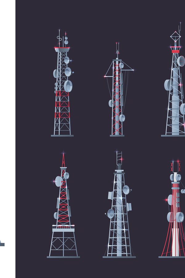 Wireless towers. Network communication buildings modern outd