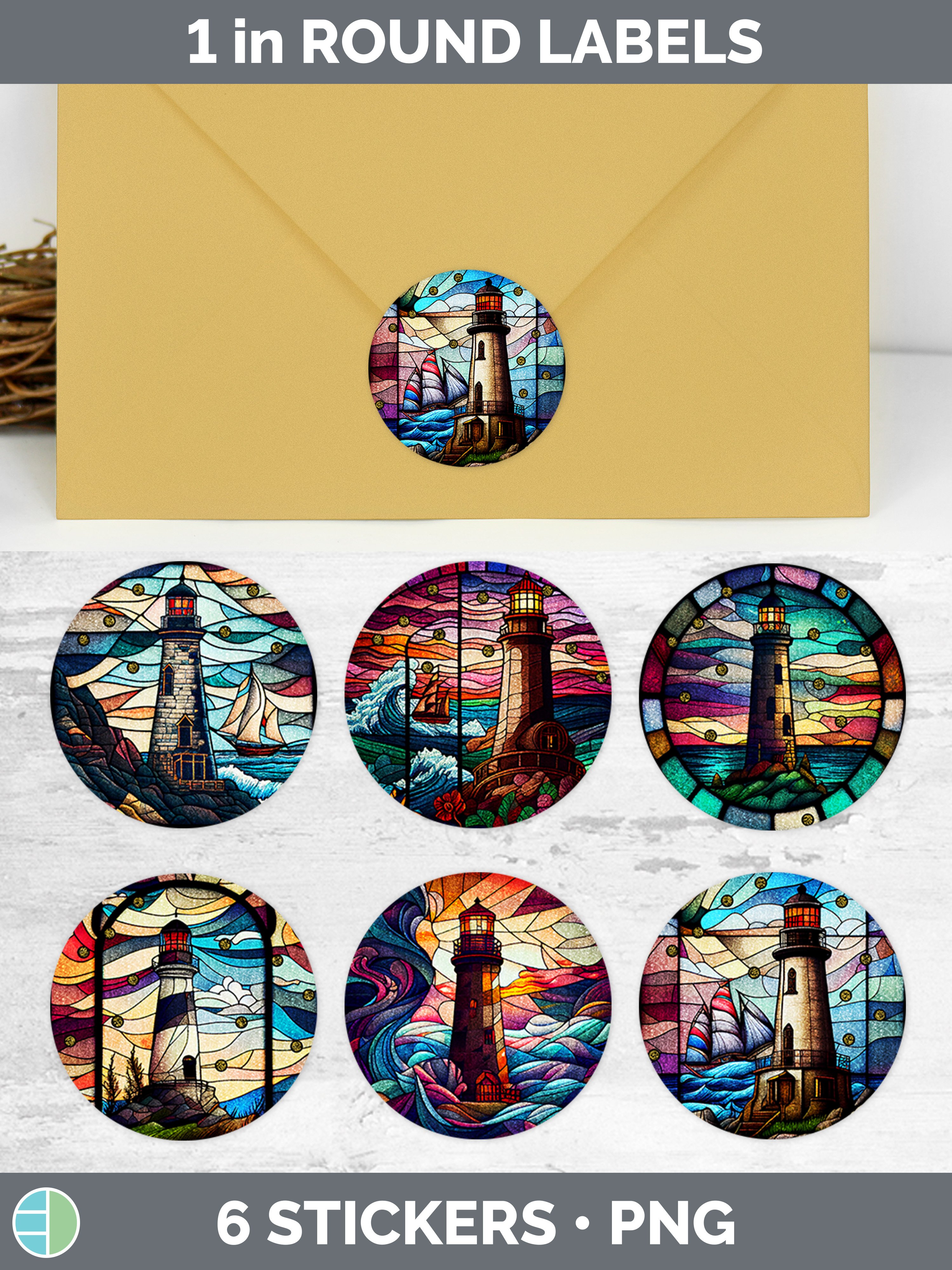 Stained Glass Lighthouse Stickers | Round Labels Designs Bun