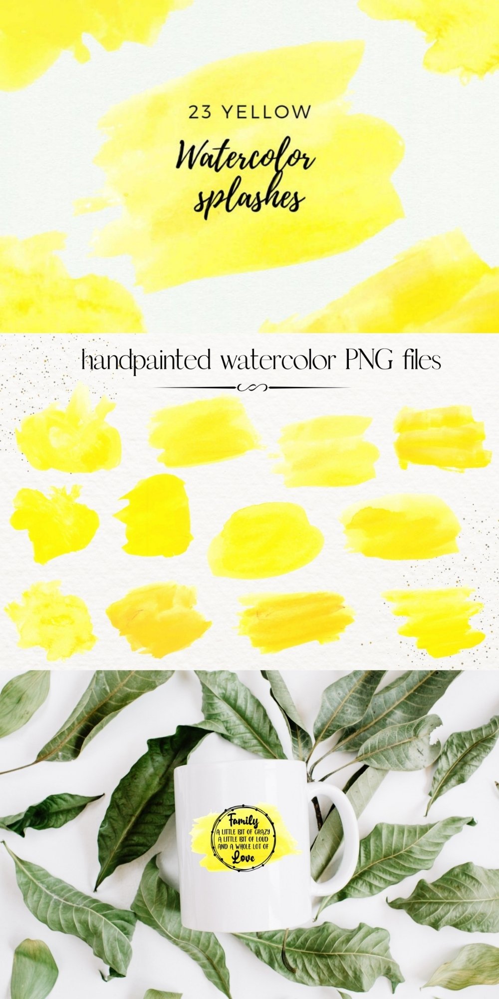 Yellow watercolor splash clipart, Yellow watercolors
