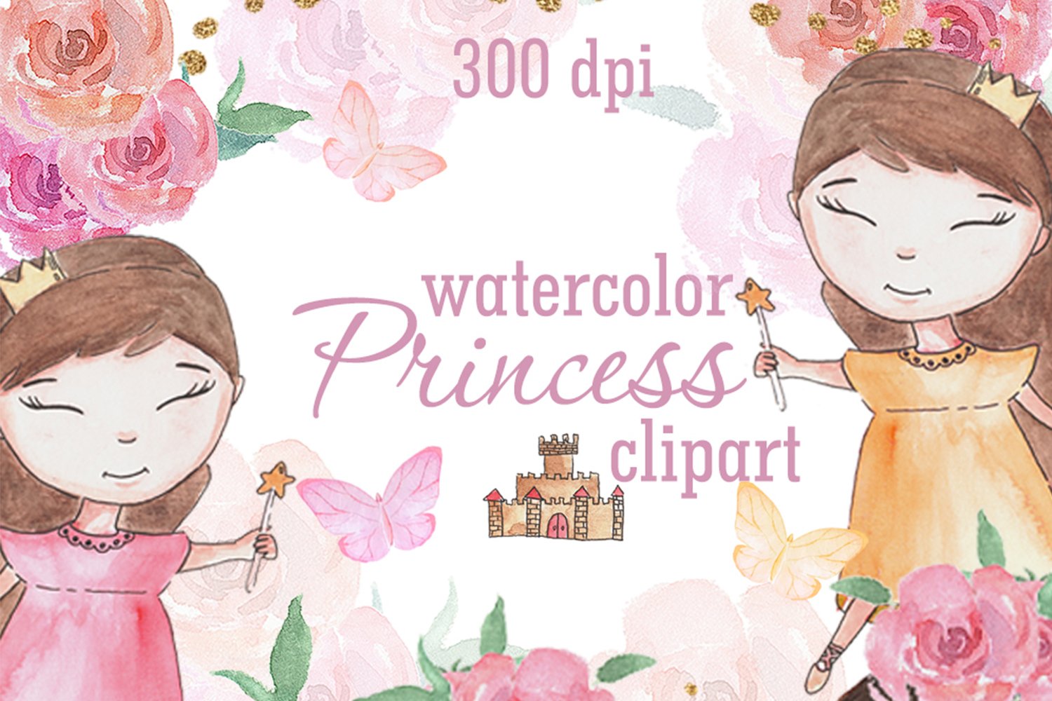 Watercolor princess clipart with pink roses and golden frame