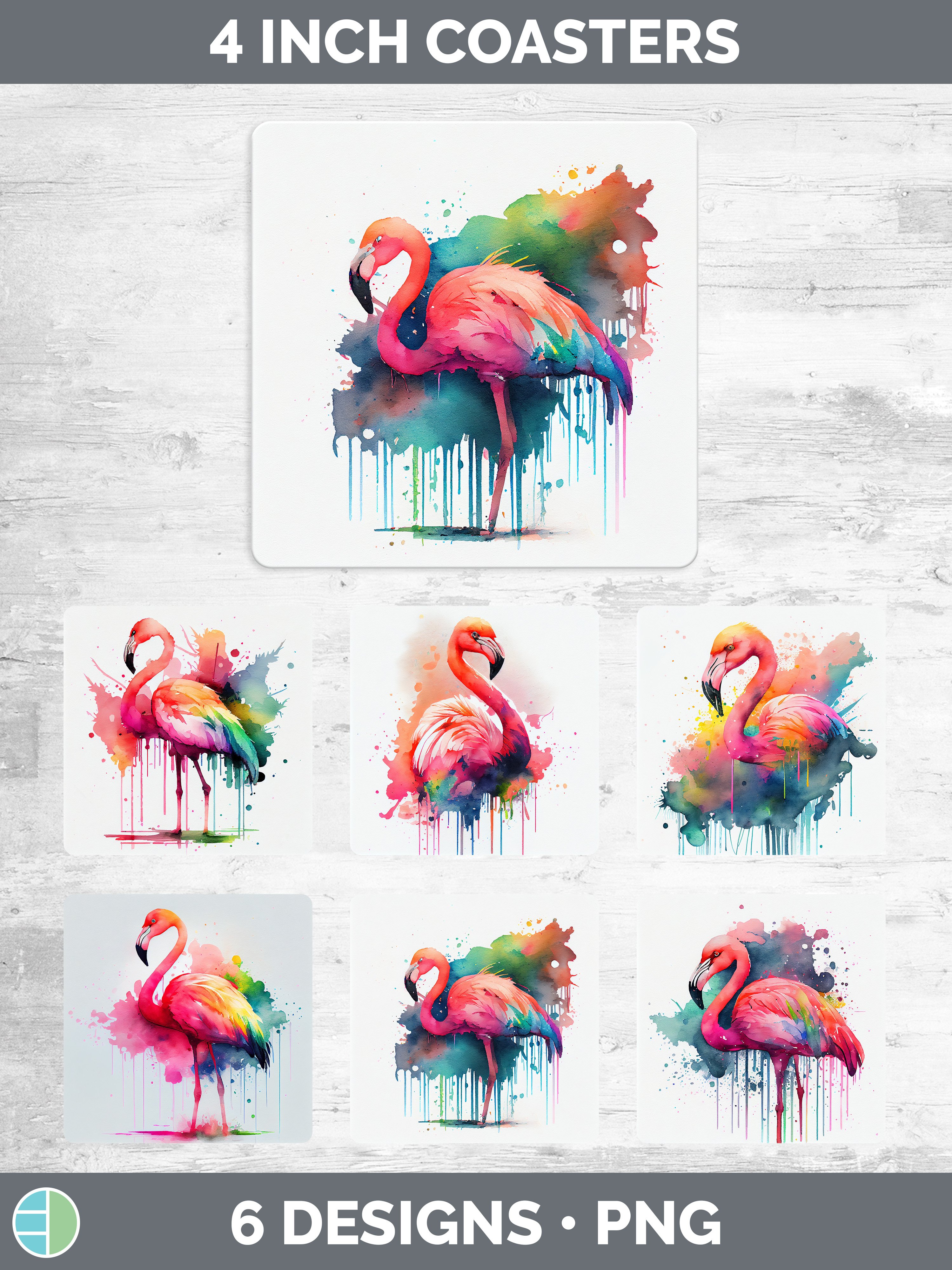 Rainbow Flamingo Square Coaster | Sublimation Designs Bundle