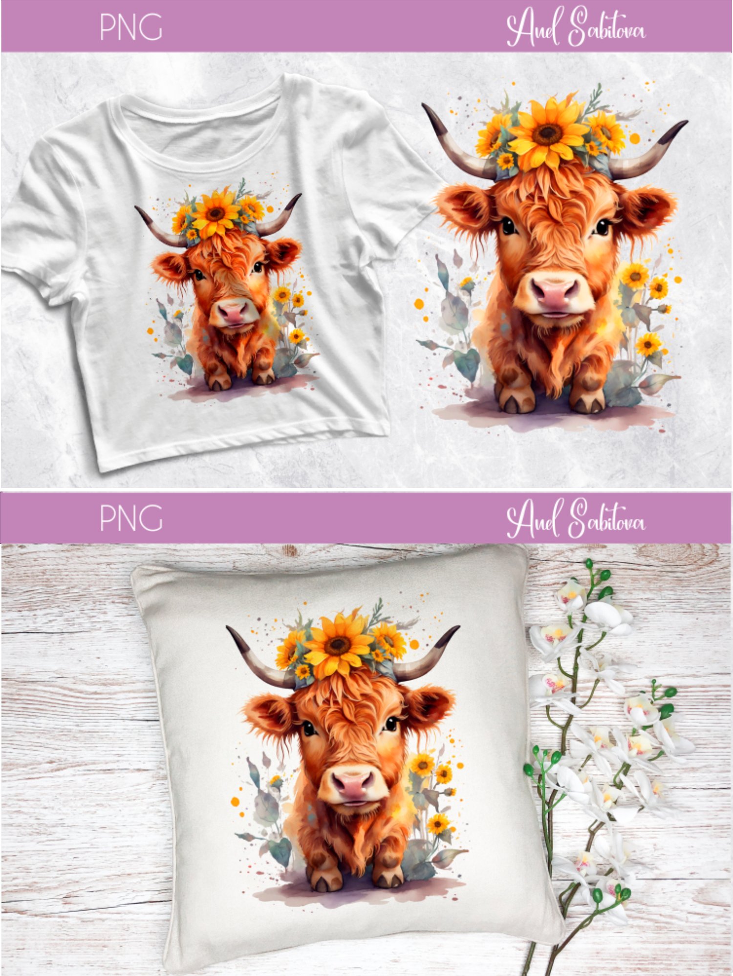 Watercolor Highland cow, Sublimation design (3251726)
