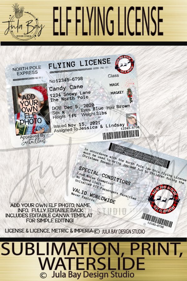 Elf Flying License PNG Printable Customize in Canva