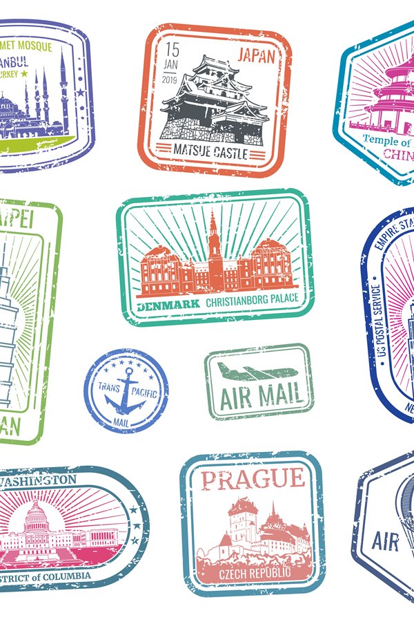 Vintage travel stamps with major monuments and landmarks vec