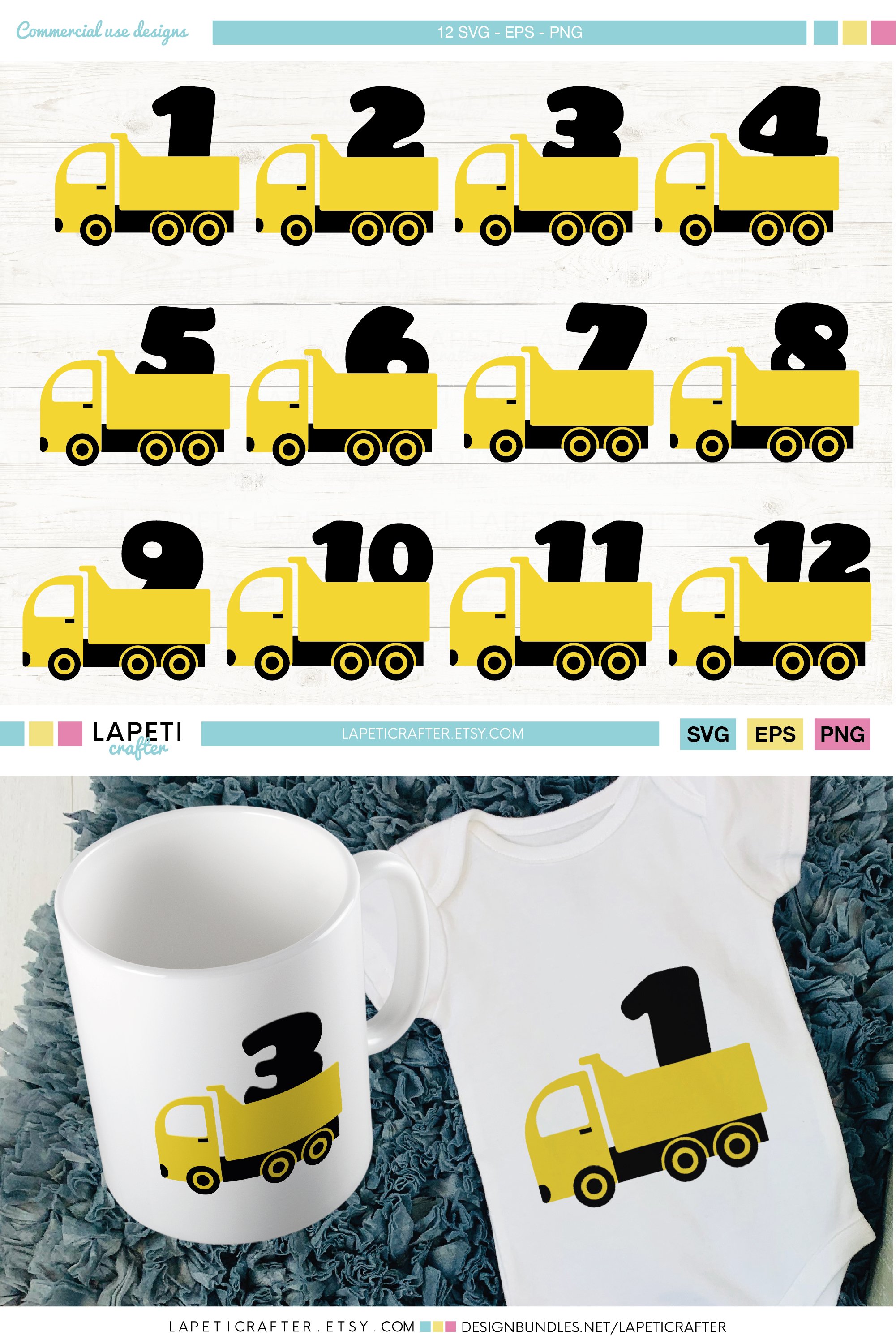 Construction Truck month numbers, yellow party truck clipart