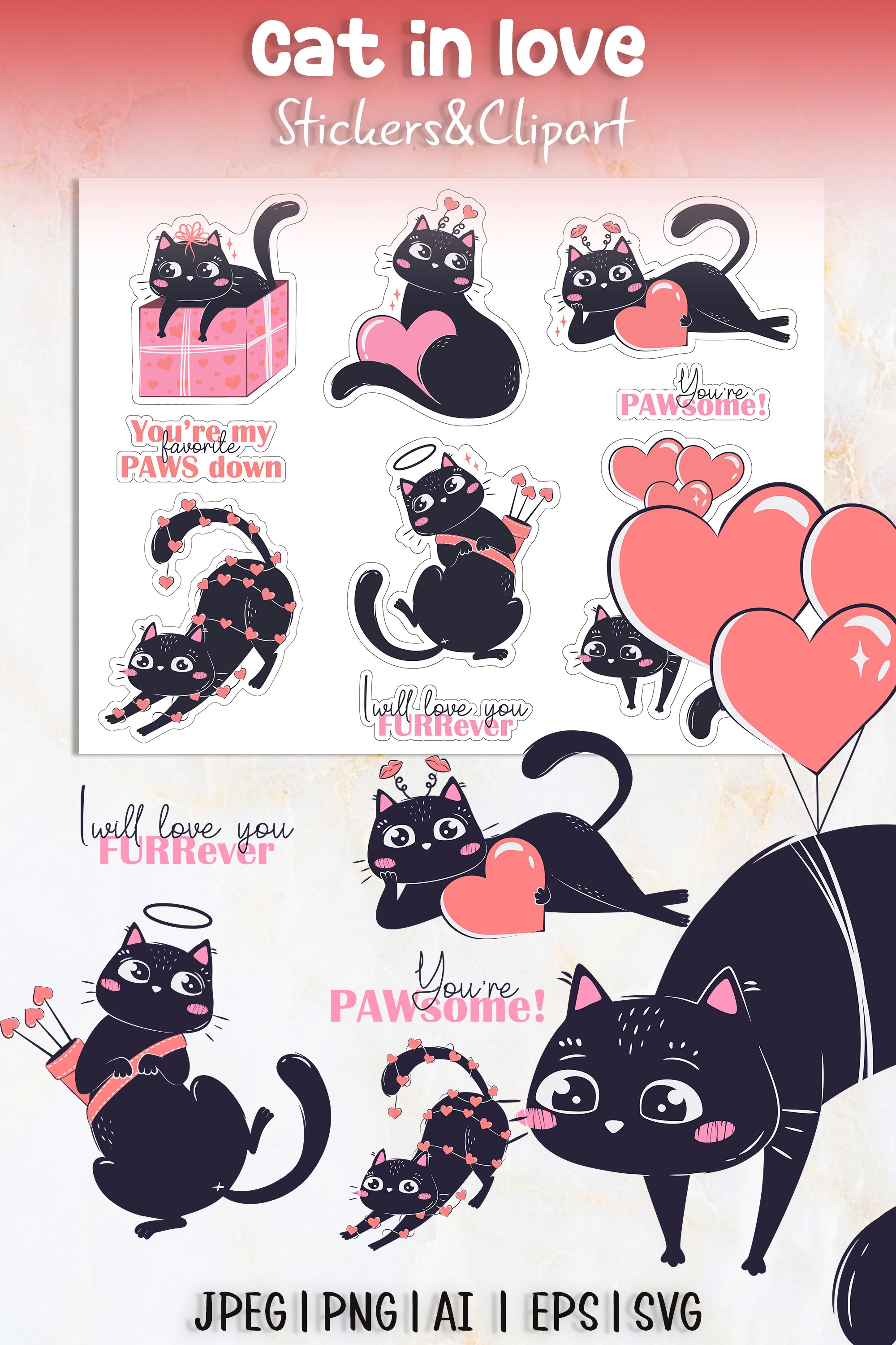 Funny cats in love clip art | Valentine's day stickers