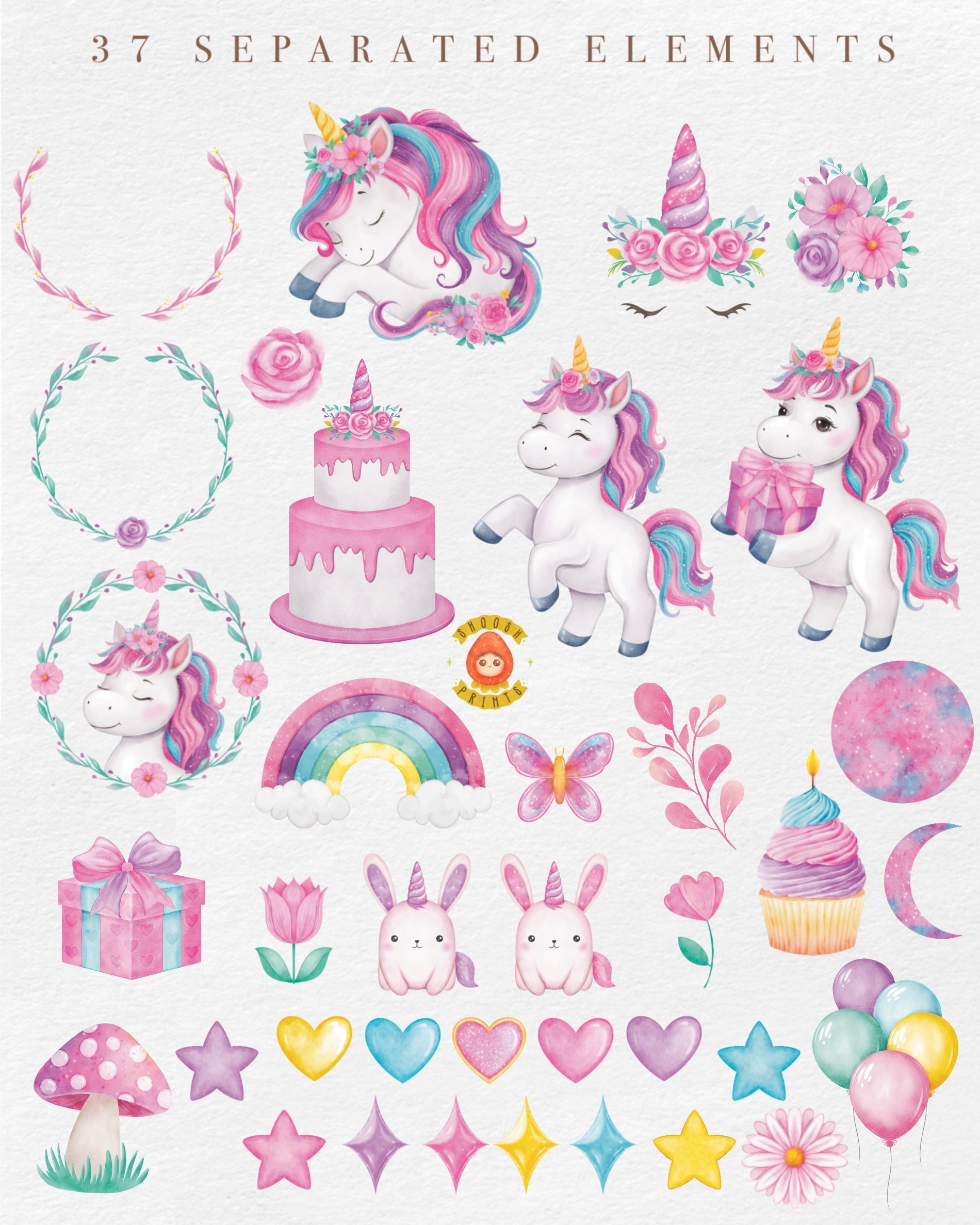 Watercolor Unicorn Party Clipart png, Floral Digital Paper