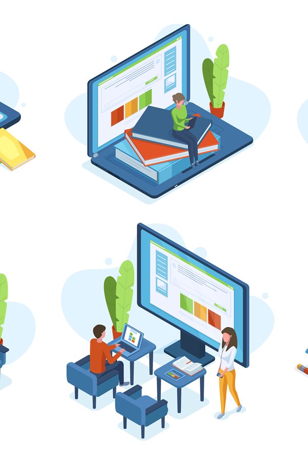 Isometric people online education. Distance learning, 3d cha
