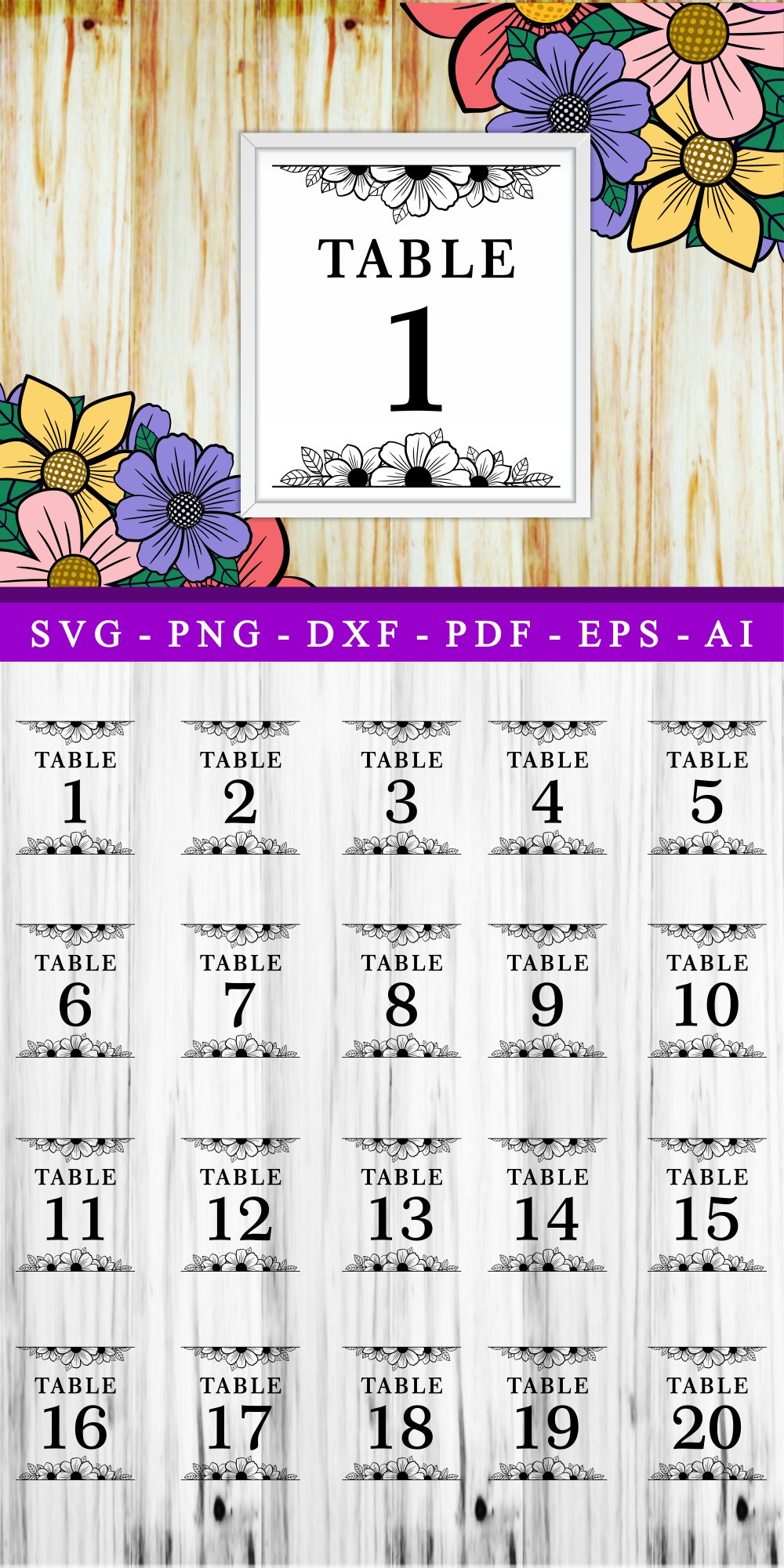 Wedding Table Number 1-20 With Flower, Wedding Sign SVG