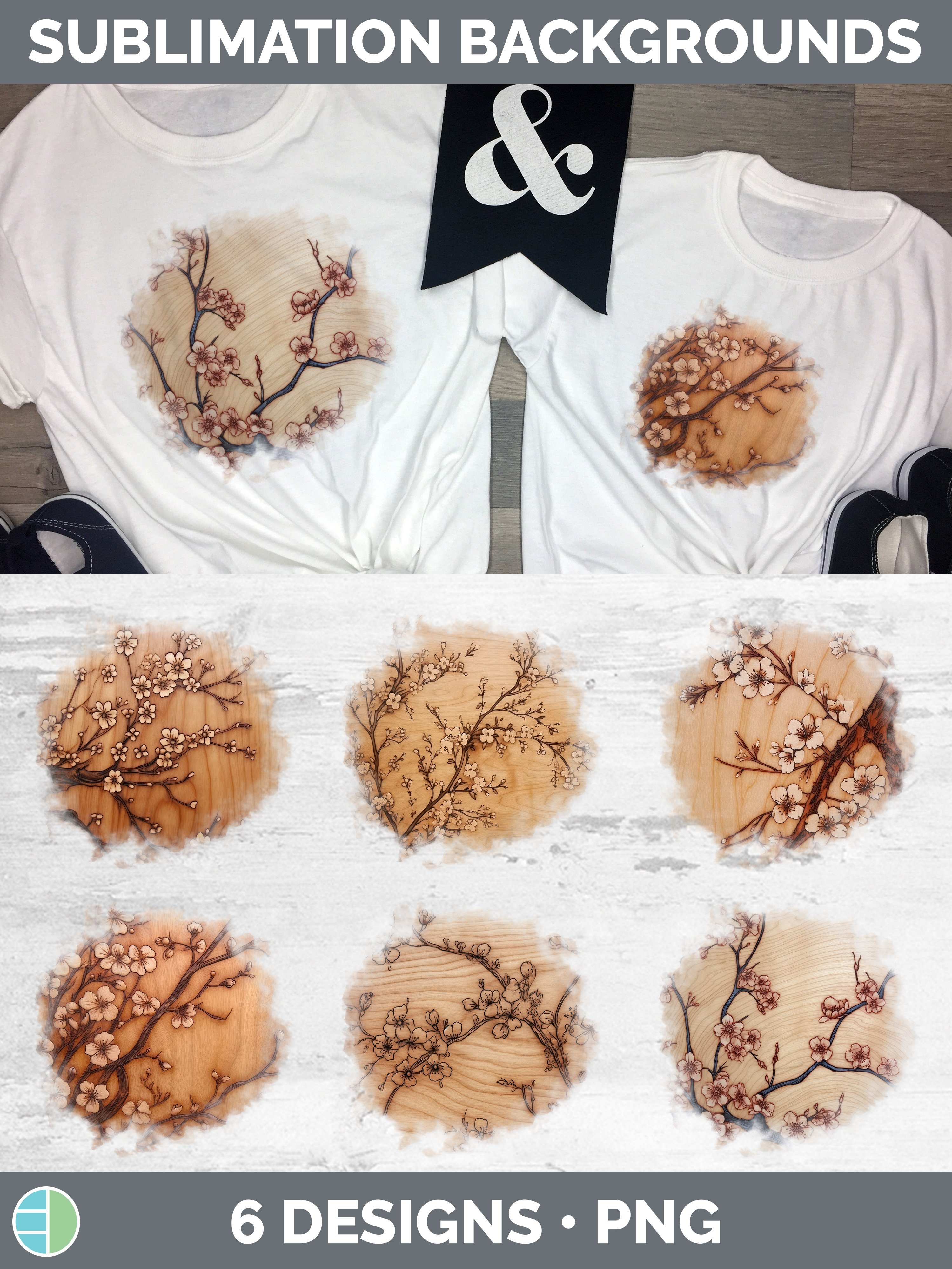 Wood Burned Cherry Blossom Flowers Grunge Background | Subli