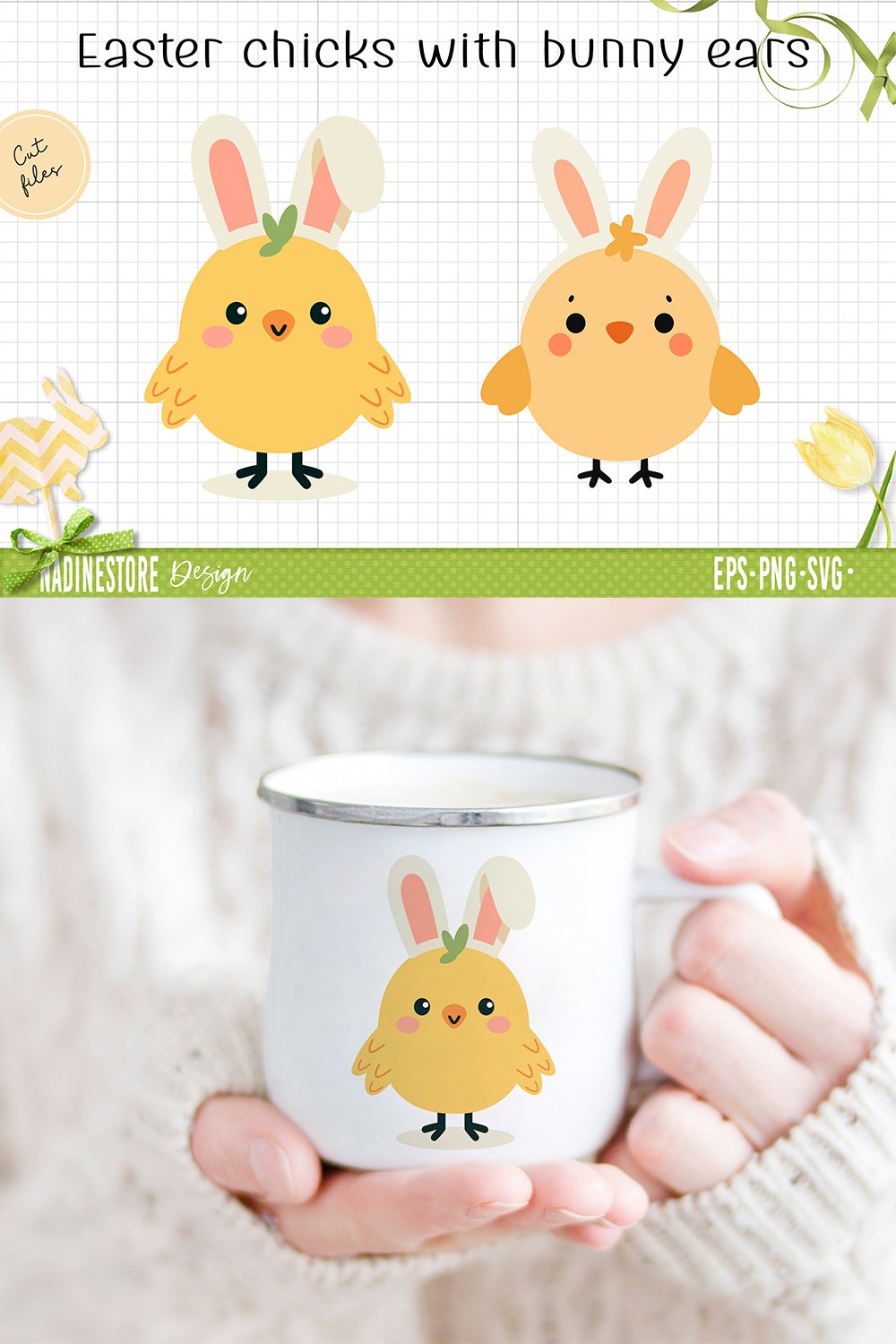 Cute Easter chicks with bunny ears SVG, EPS, PNG.