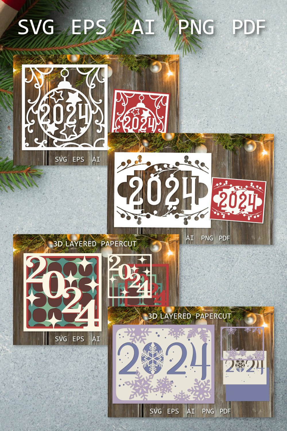 Christmas bundle New 2024 Year cards, paper cutting template