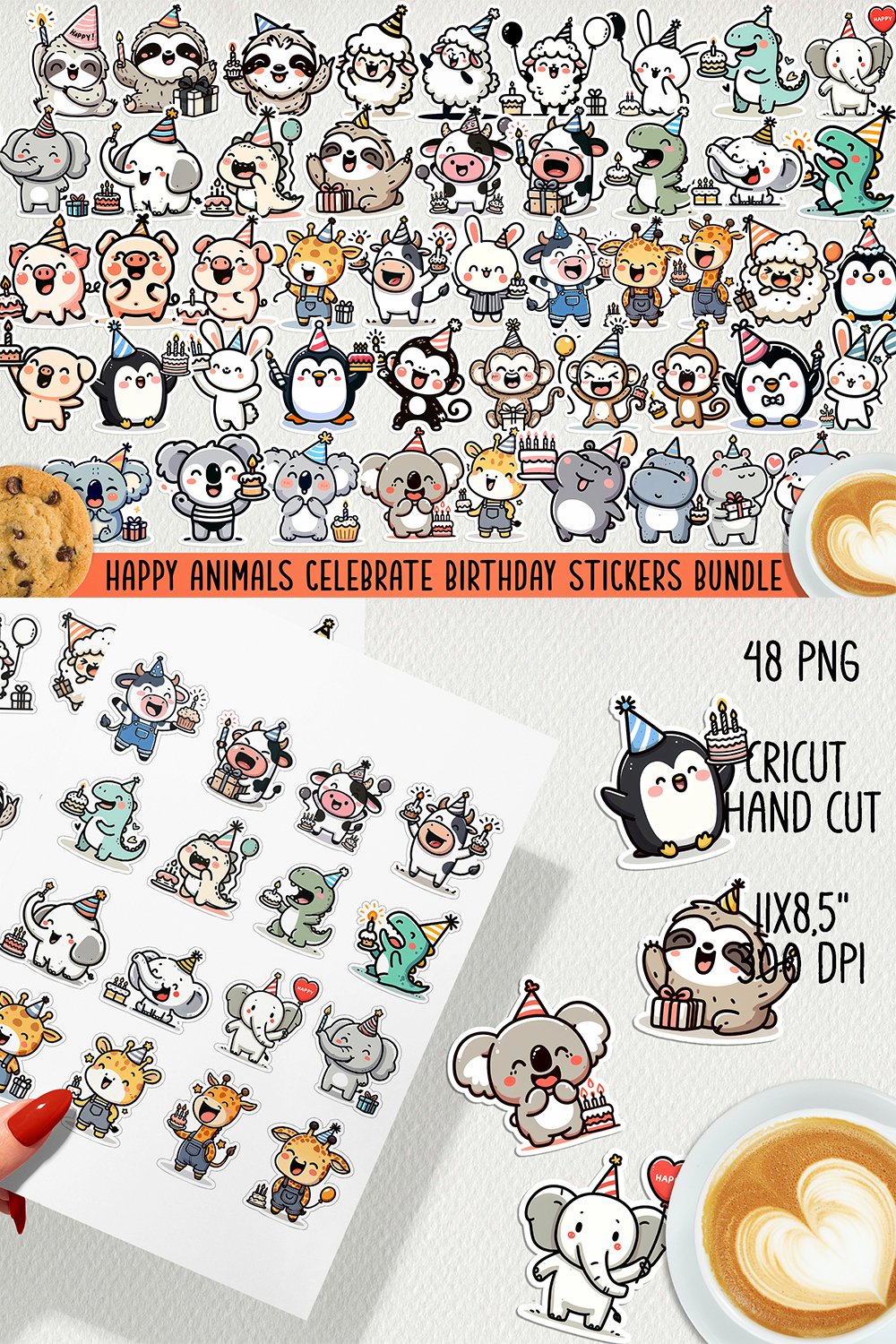 Happy animals celebrate birthday stickers. BUNDLE.