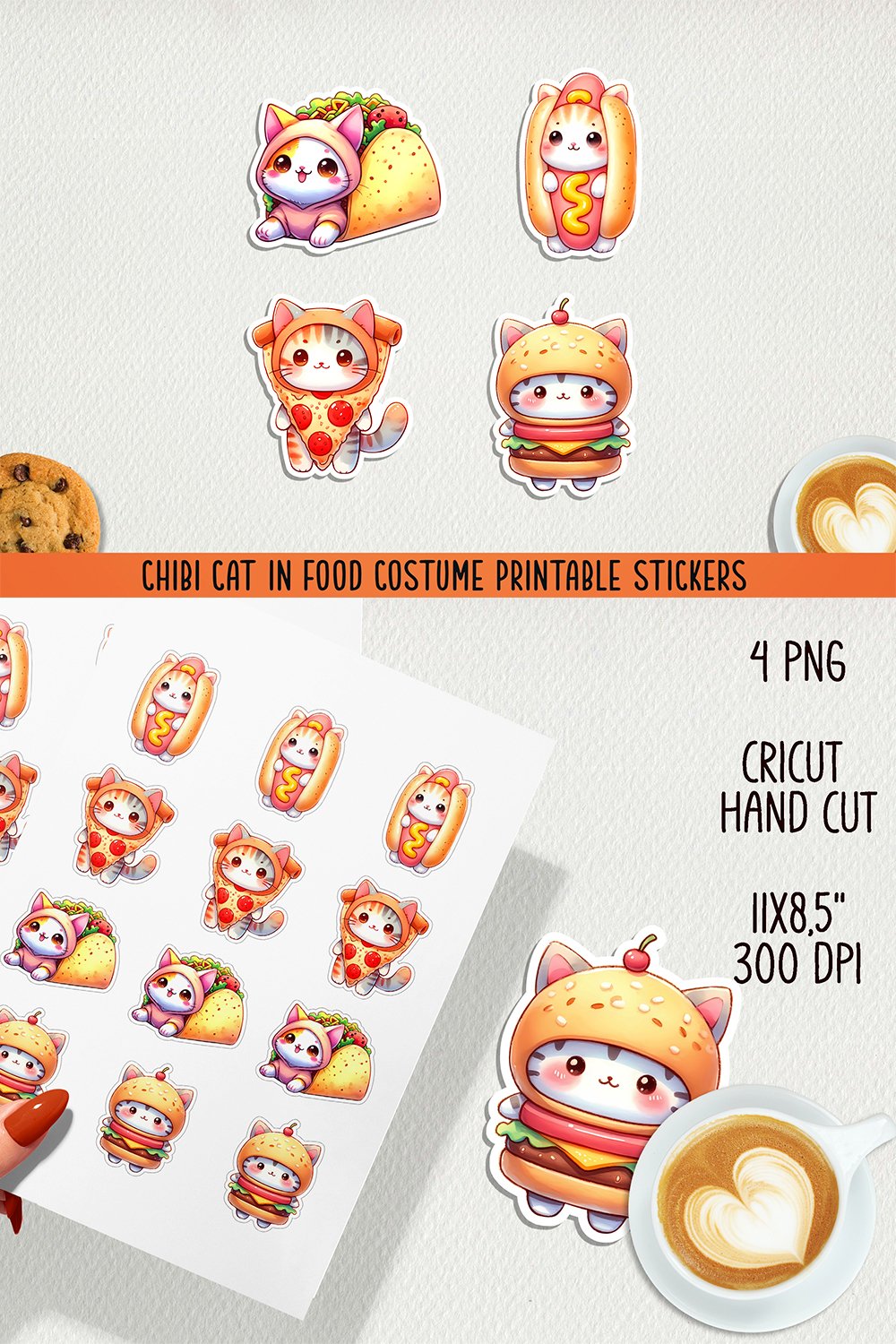 Chibi cat in food costume printable stickers. JPG,