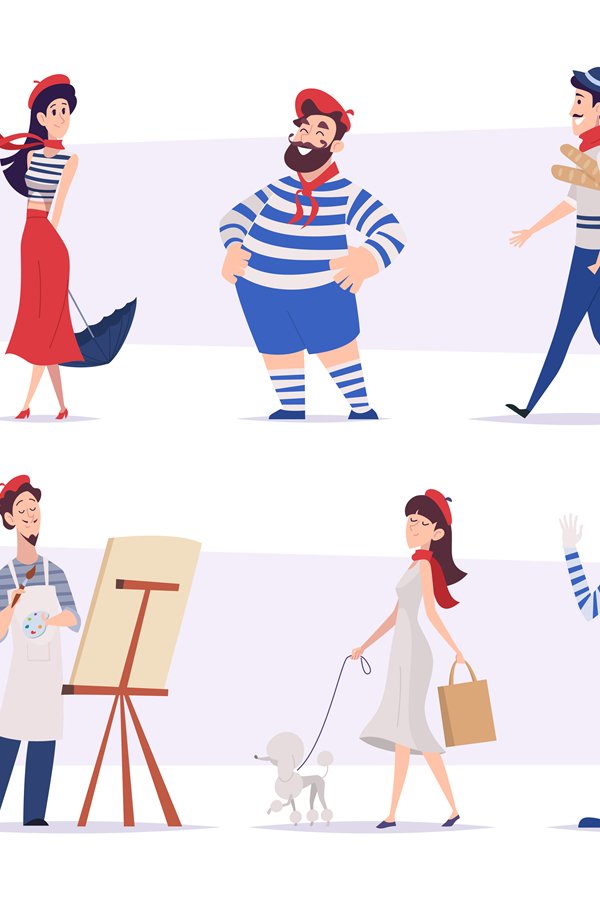 French people. Funny smile characters in various poses natio