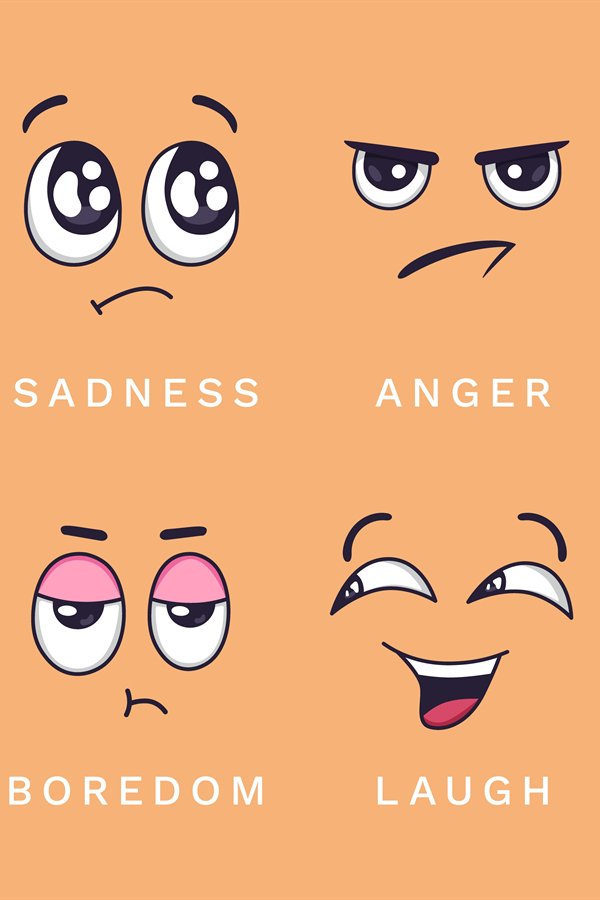 Cartoon emotions. Love, joy and anger, sadness and laughter,
