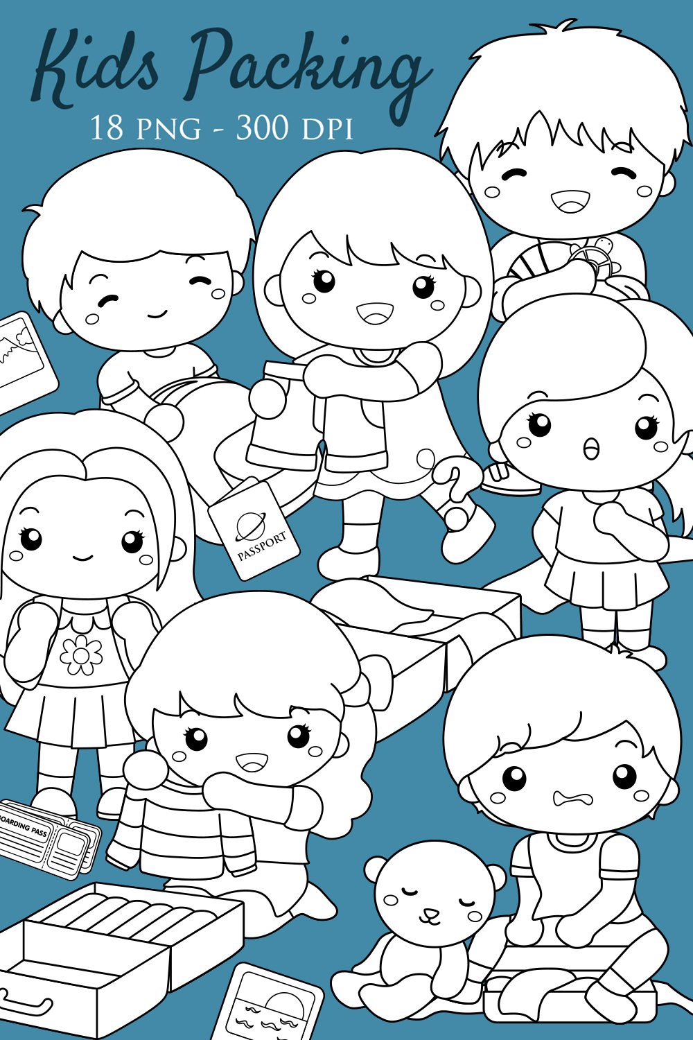 Happy Kids Holiday Packing Cartoon Digital Stamp Outline