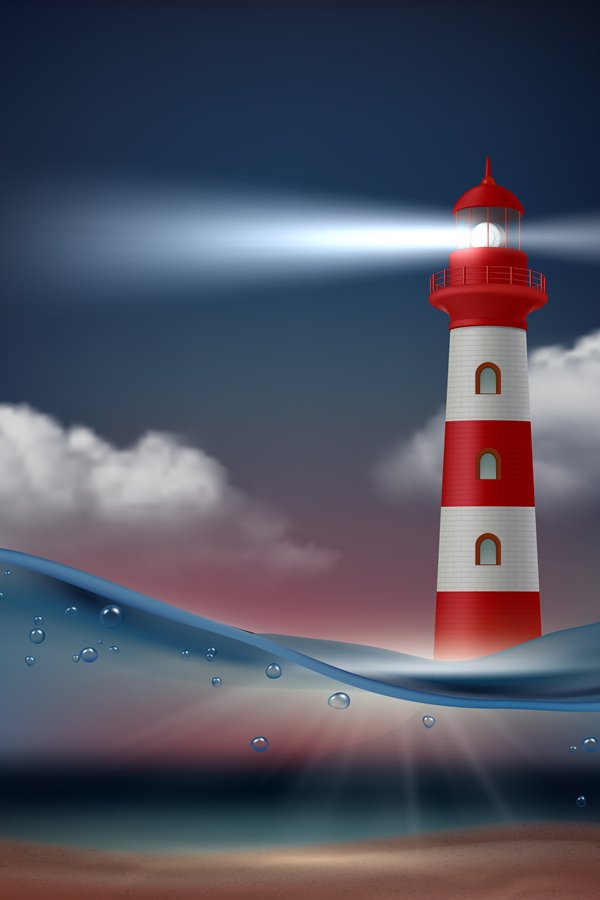Lighthouse in ocean. Night marine landscape with lighthouse