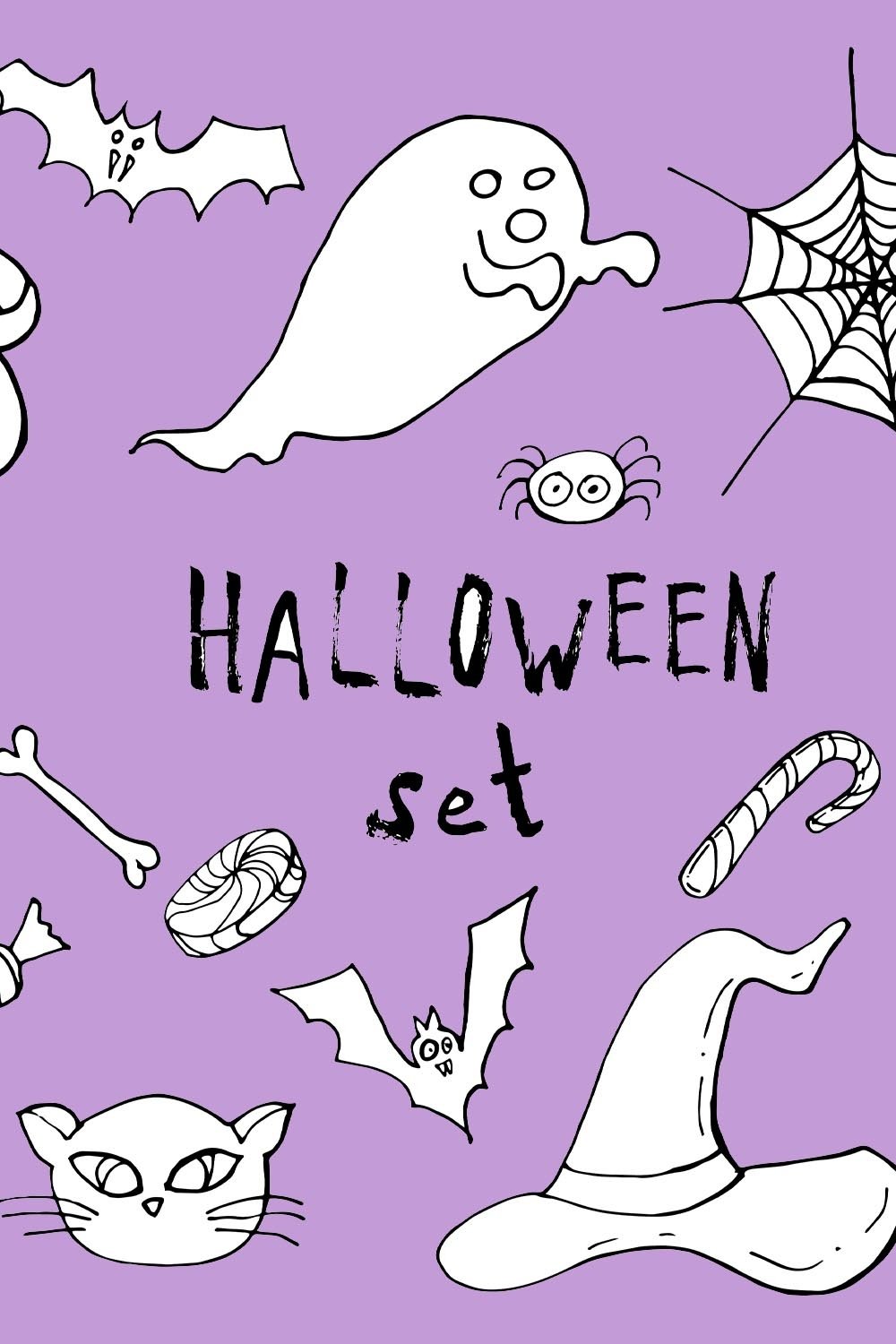 Halloween hand drawn doodle set for coloring. PNG, SVG, EPS