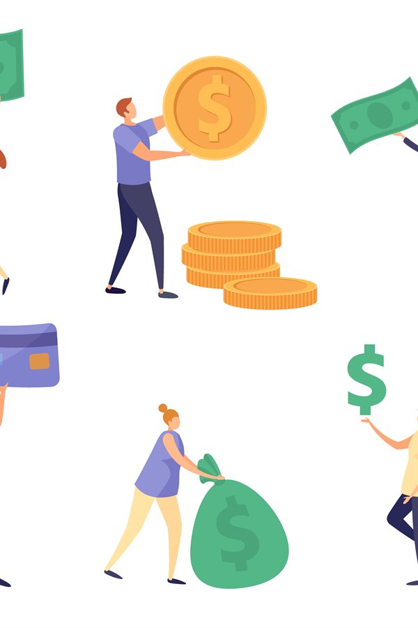 Tiny characters hold money bill, coin and salary. Cartoon ri