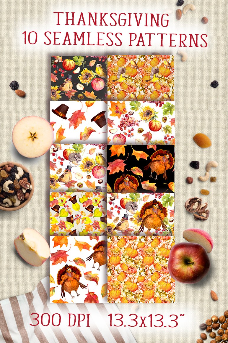 Thanksgiving digital paper pack. Watercolor seamless pattern