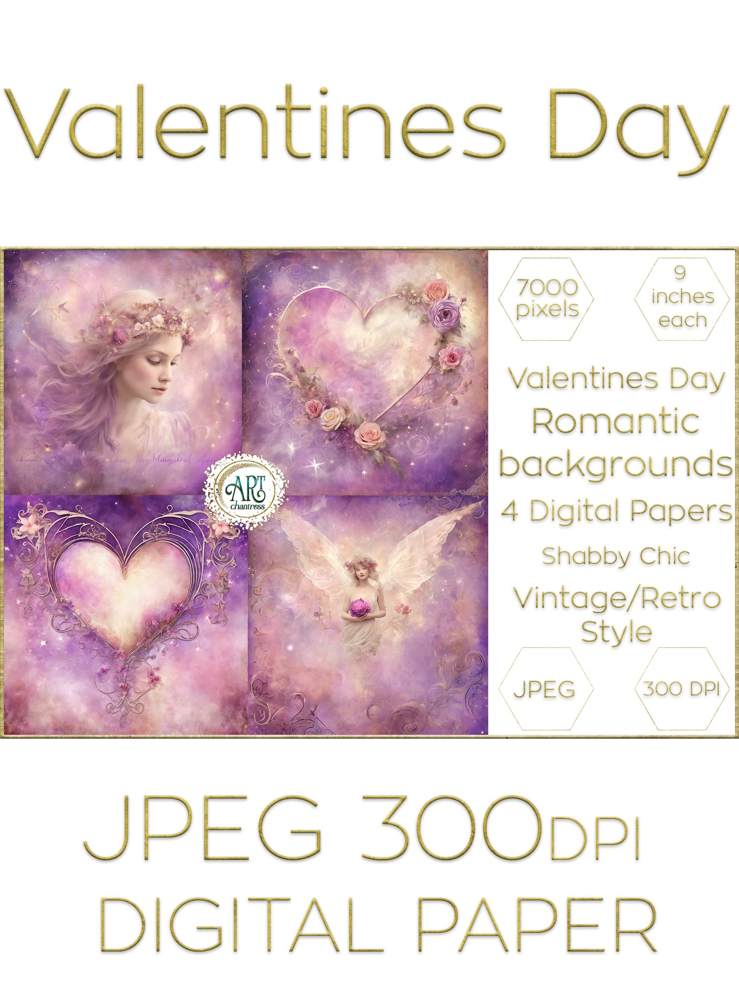 Retro Valentines Day Digital Papers Purple Roses (3263562)