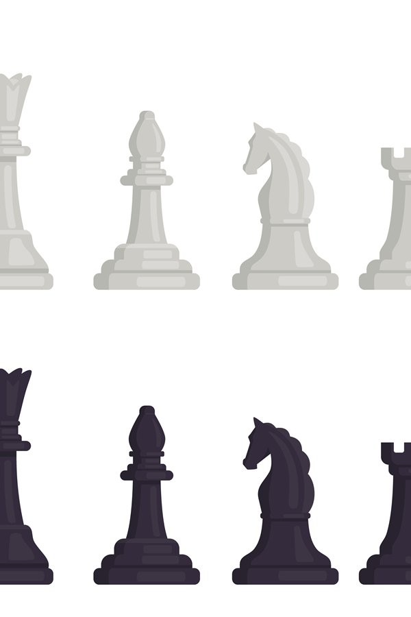 Cartoon black and white chess pieces icons. Flat chessmen, q