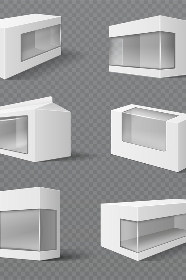 White product packaging boxes. Gift packages with transparen