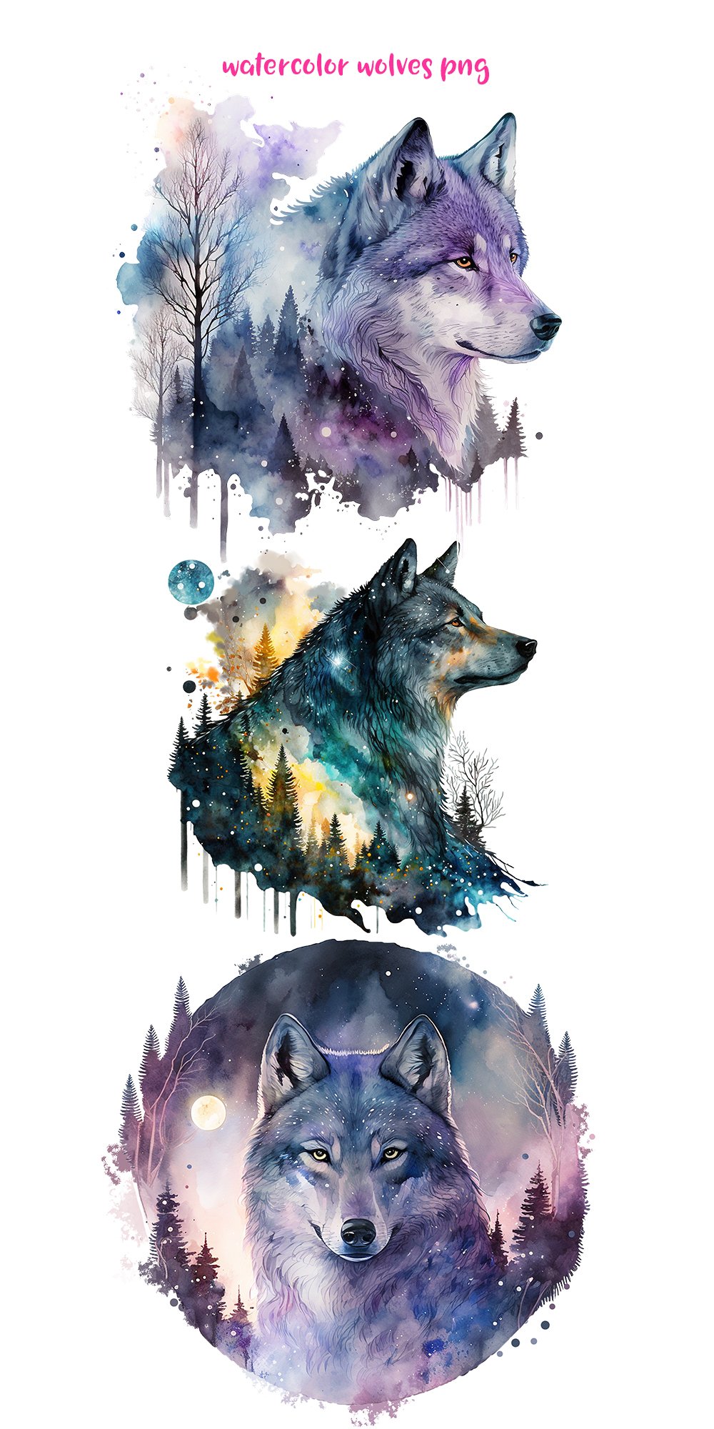 Watercolor Wolves clipart, celestial wolf PNG