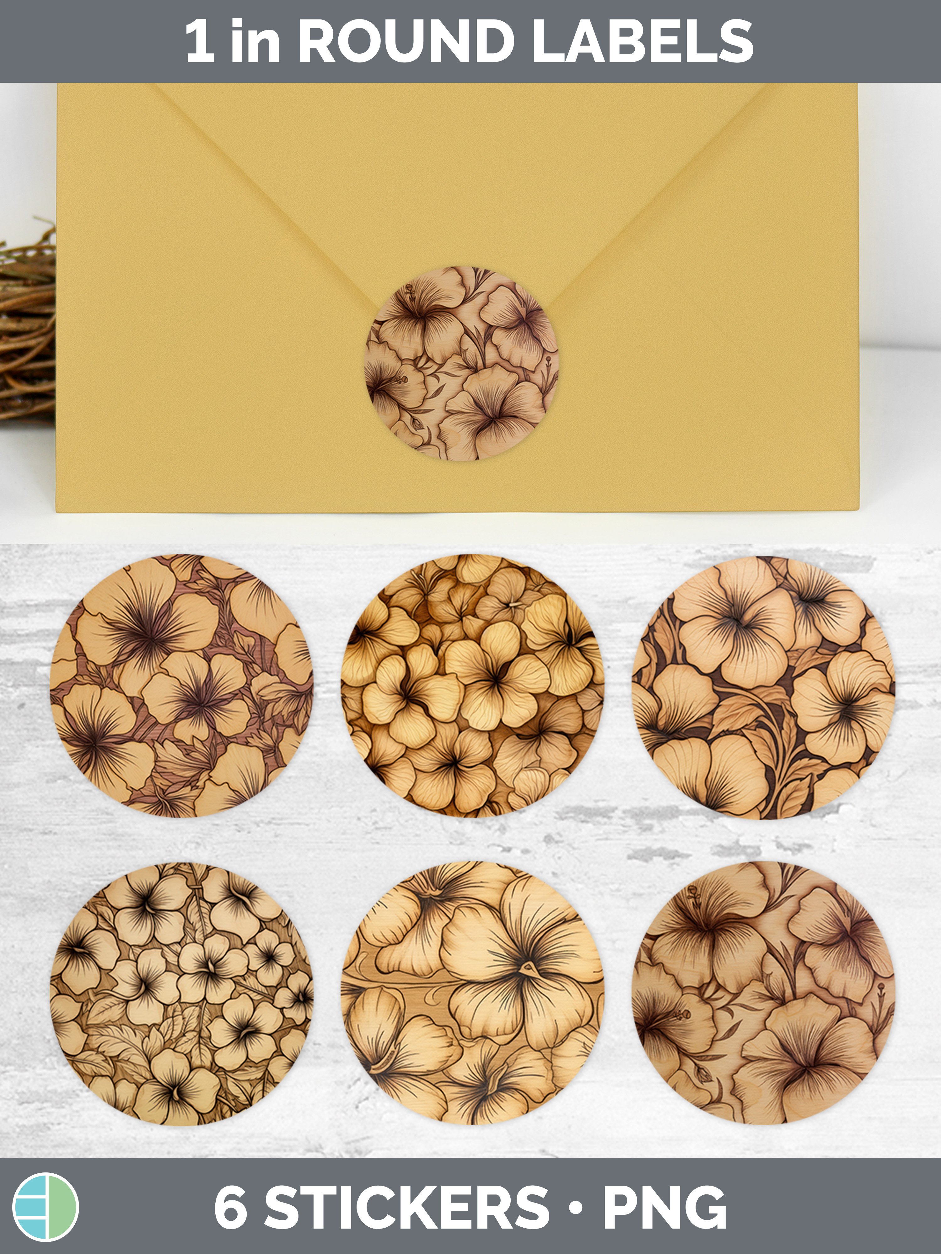 Wood Burned Petunia Flowers Stickers | Round Labels Designs