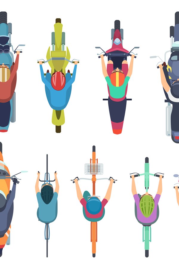 Bicycle top view. People driving bike in helmet riders moped