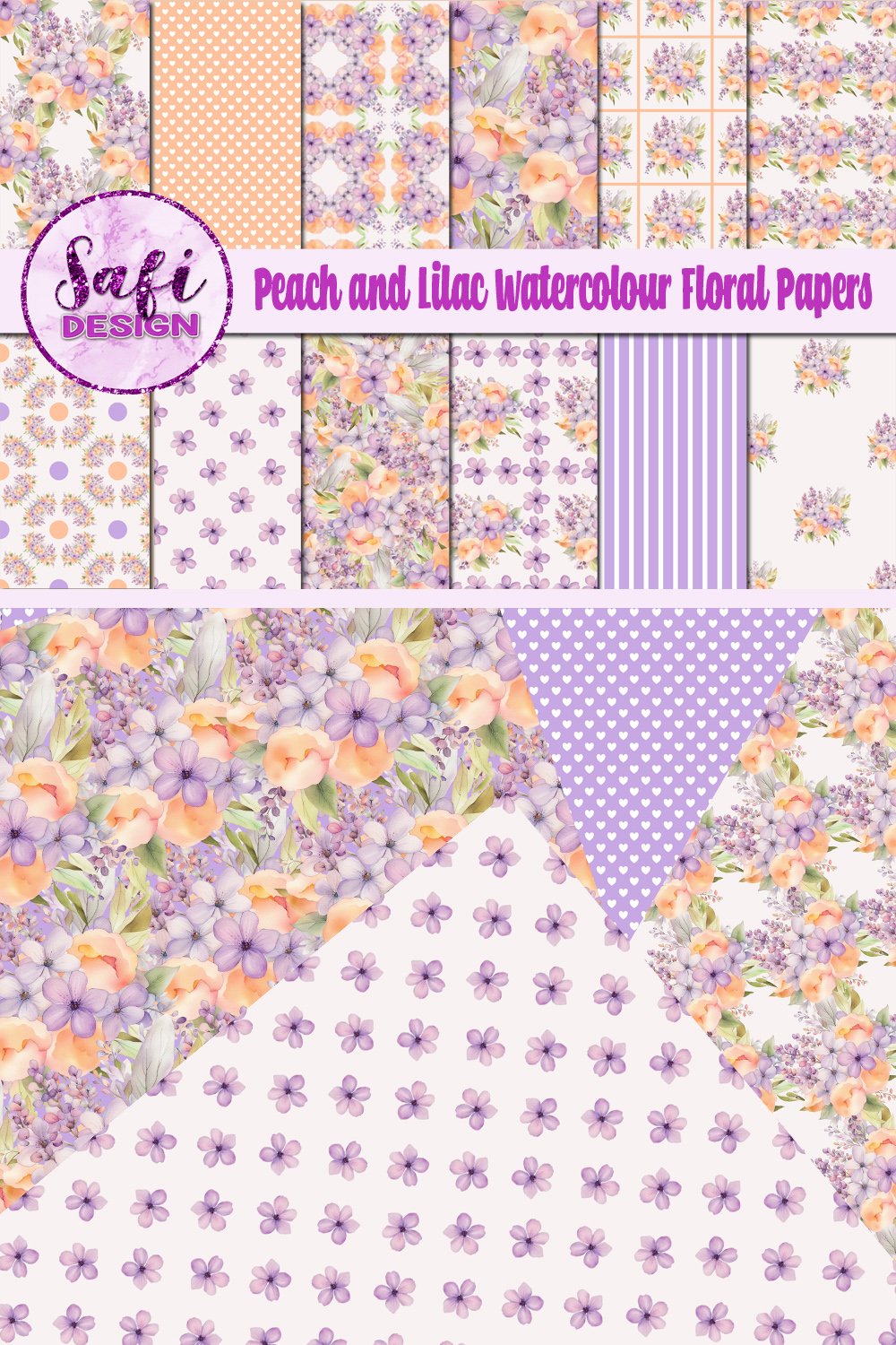 Peach and Lilac Floral Digital Papers Backgrounds