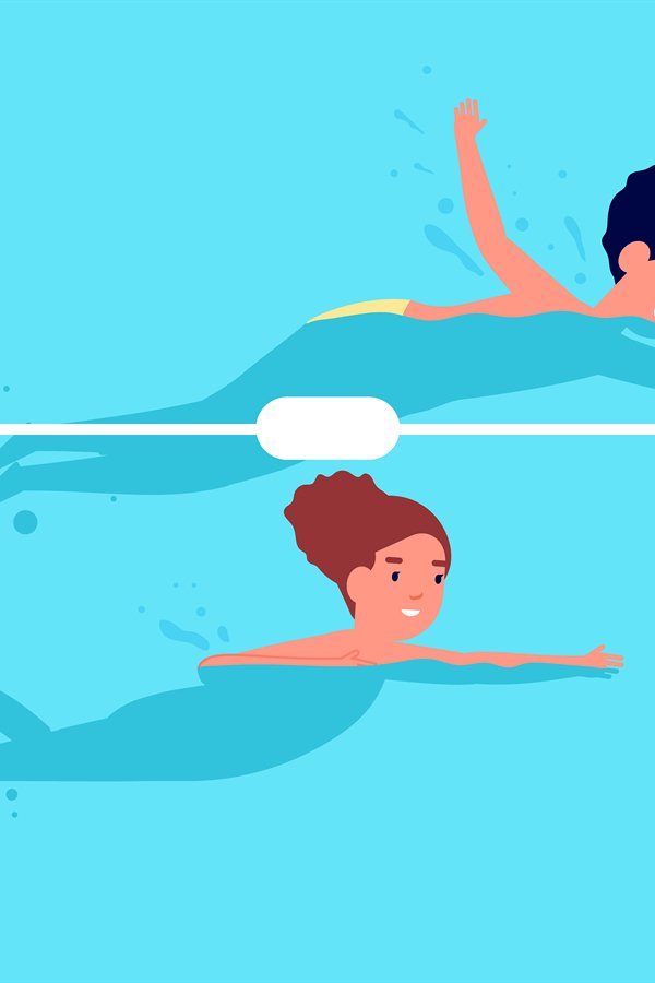 Swimming competition. Kids swim, cartoon happy child recreat