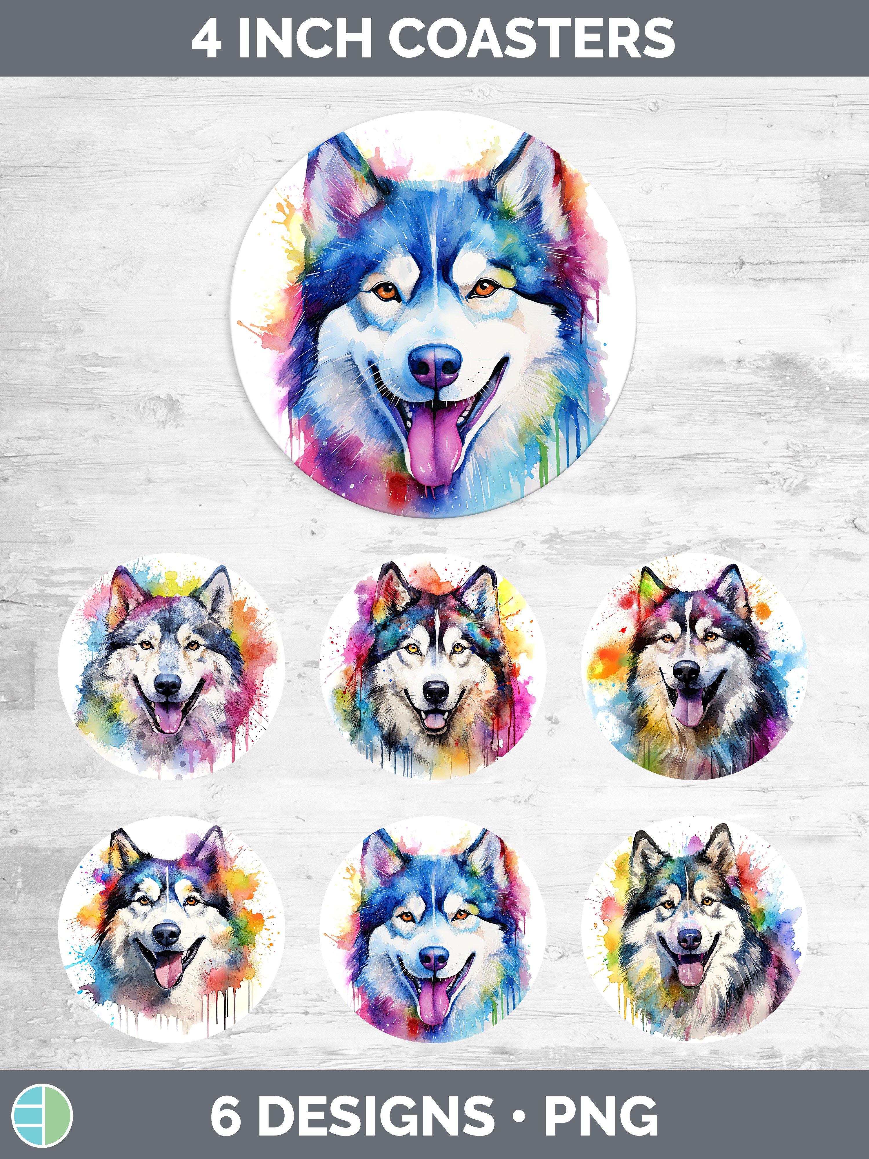 Splat Rainbow Alaskan Malamute Dog Round Coaster | Sublimati