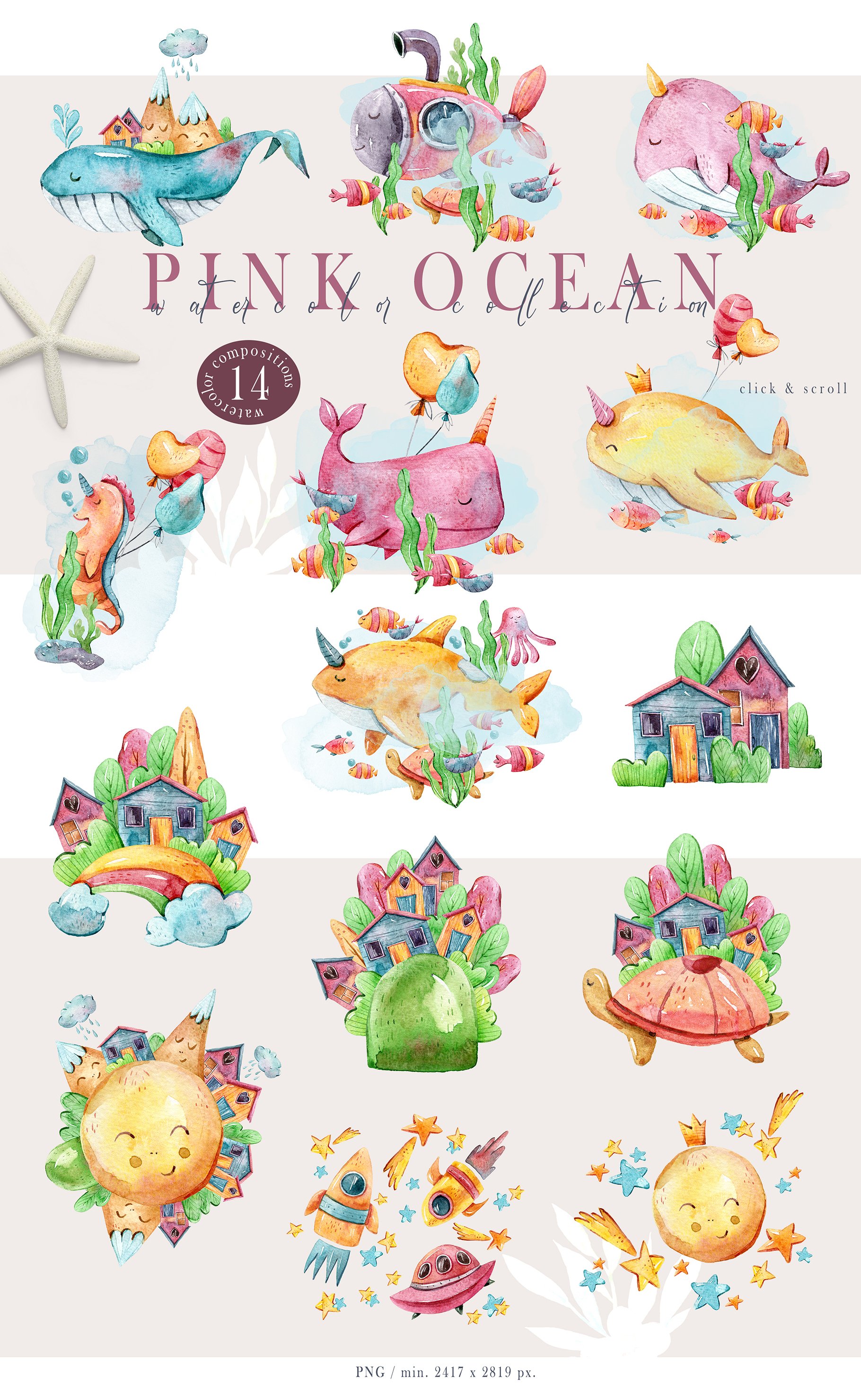 Watercolor ocean animals and whales clipart bundle