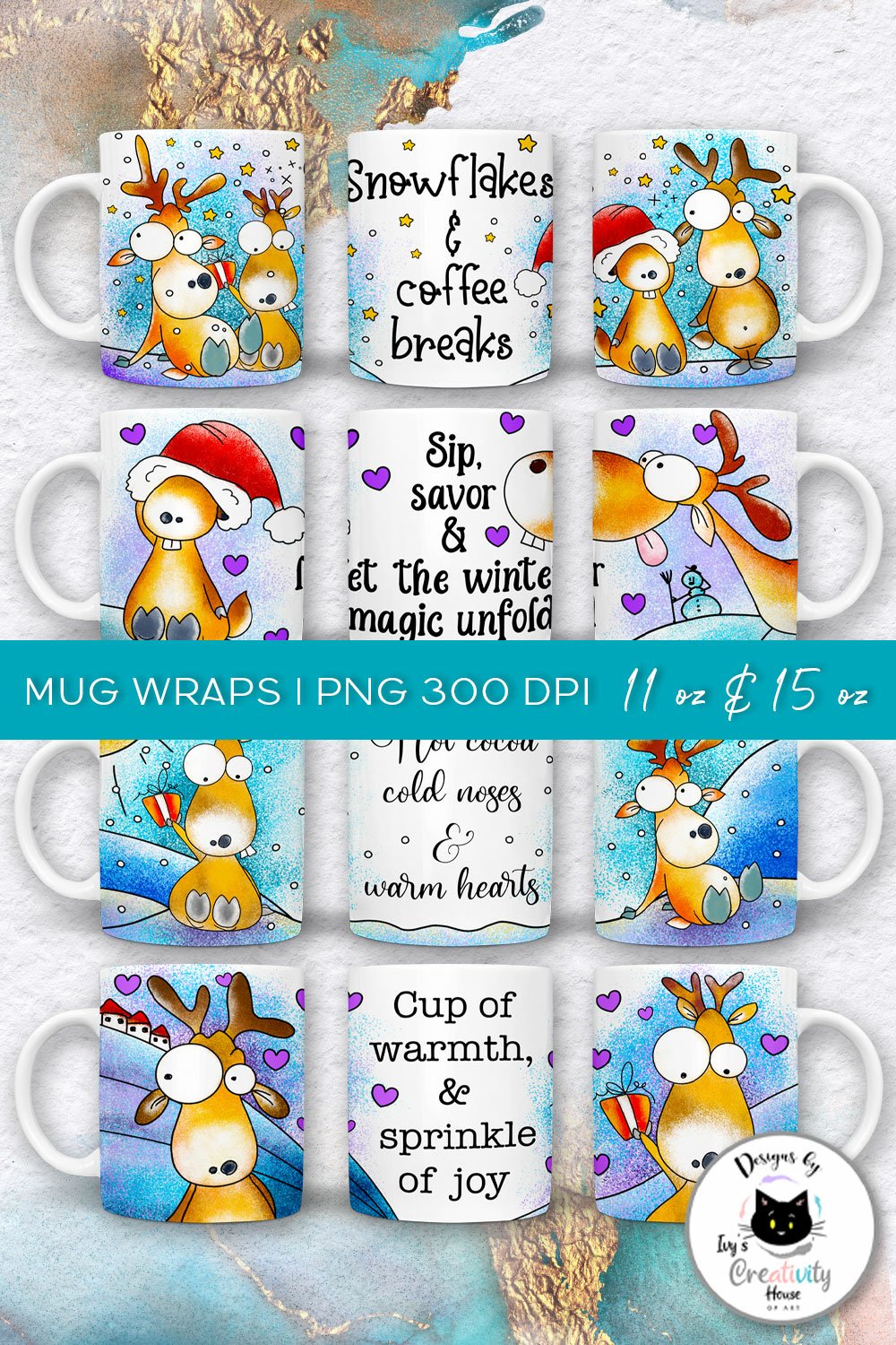 Cute Reindeer Winter Mug Designs | Christmas Mug Wraps