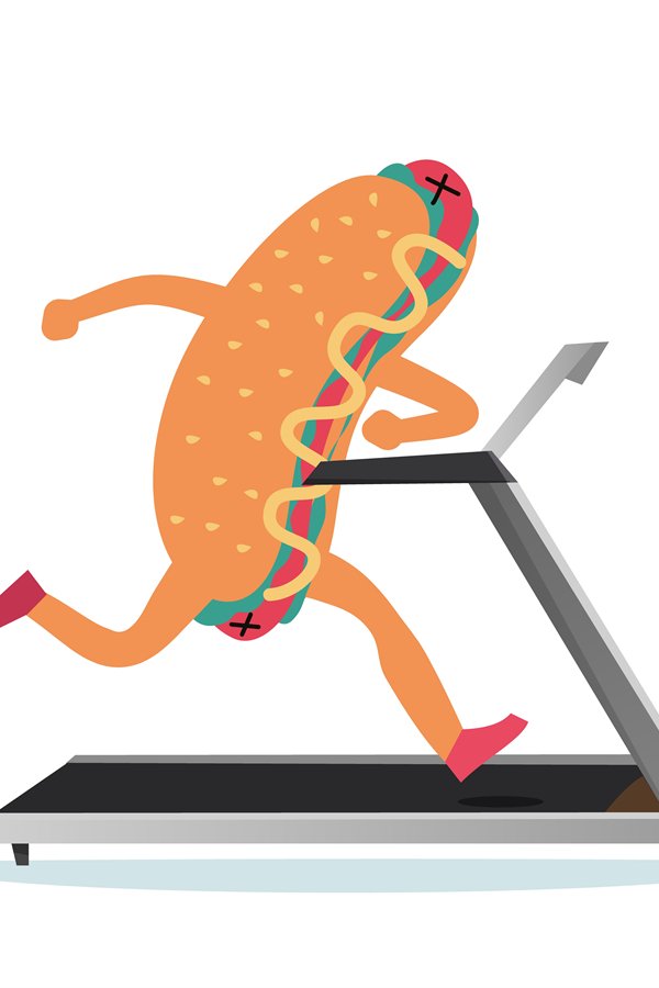 Hot dog is running. Weight loss concept. Cartoon food mascot