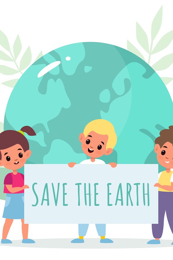 Save planet. Cartoon kids holding placard. Boys and girls ta