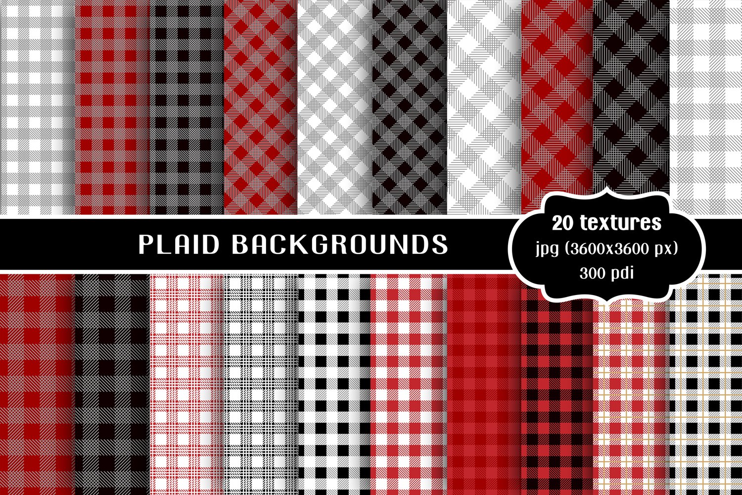 Plaid pattern backgrounds set, textures bundle