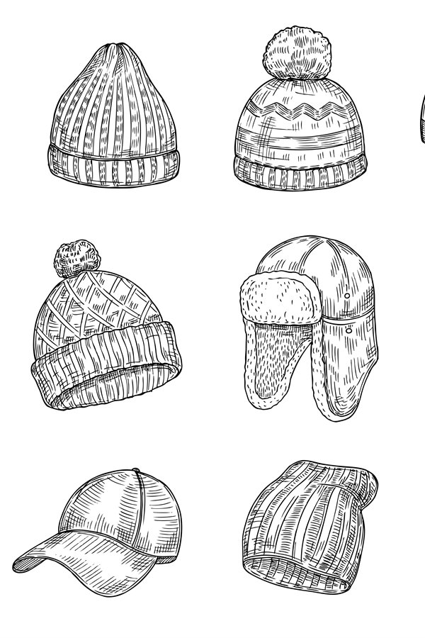 Doodle caps. Knitted winter hats, hand drawn warm cap vector