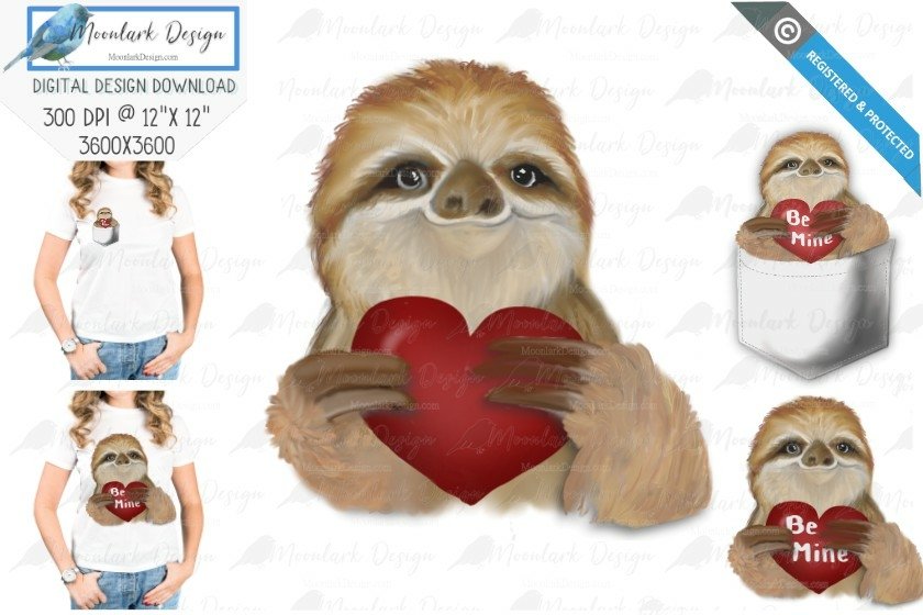 Sloth and heart clip art, Valentines sloth, sloth in pocket