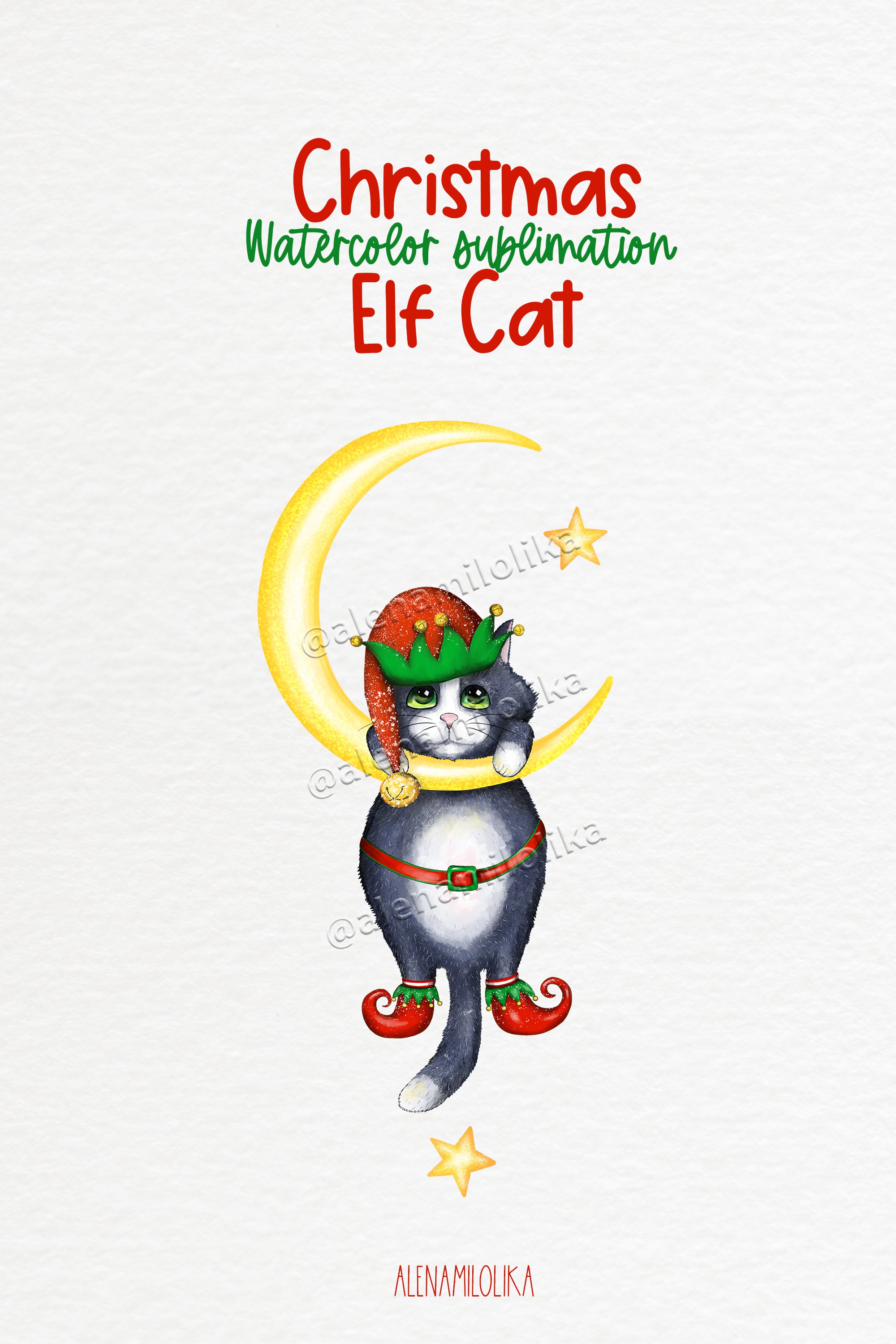 Christmas elf cat on the moon. Cute kitten